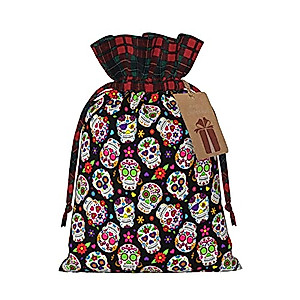 Allgobee Christmas Drawstring Gift Bags Sugar-Skulls-Day-Of-Dead Buffalo Plaid Drawstring Bag Party Favors Bags