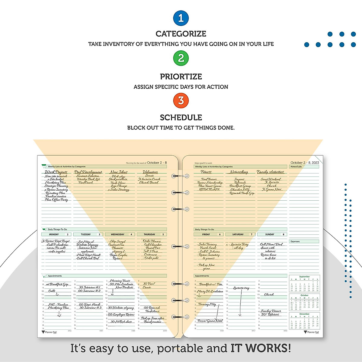 Planner Pad 7 Hole Loose Leaf 3-Tier Funnel Down 12 Month Organizer, Oct 1st Start (Oct 2023 - Sept 2024), Soft Green Ink, 8 1/2" x 11”