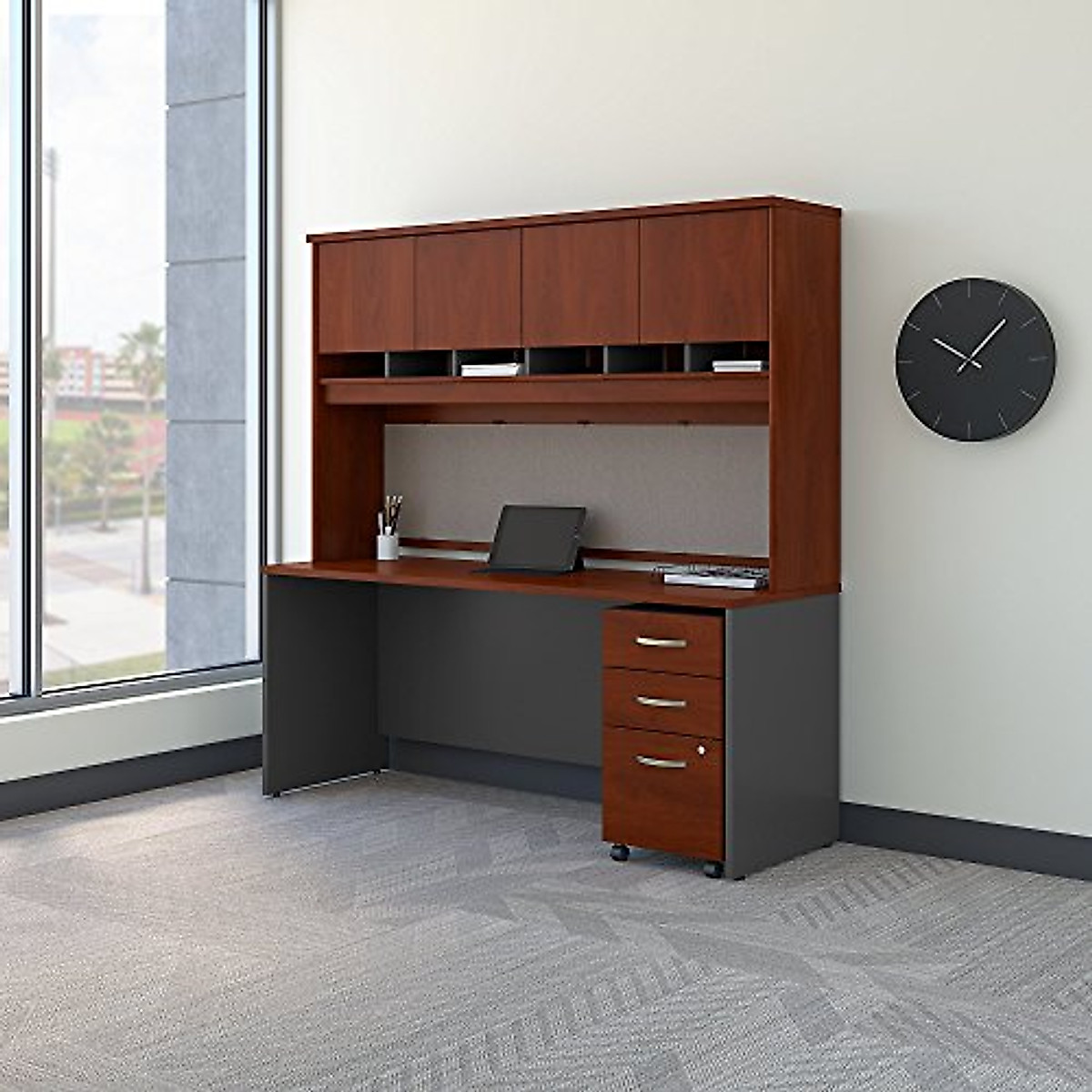 Bush Business Furniture Series C 72W x 24D Office Desk with Hutch and Mobile File Cabinet in Hansen Cherry