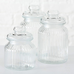 WHW Whole House Worlds Iconic Ribbed and Knob Topped Clear Glass Kitchen Storage Jars, Set of 3, Air Tight Seals, 9, 7 1/2, and 6 Inches Tall