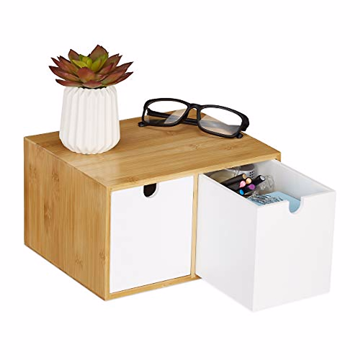 Relaxdays Desk Organiser, 2 Drawers, Office Storage Box, HxWxD: 14.5 x 24.5 x 20 cm, Bamboo & MDF, White