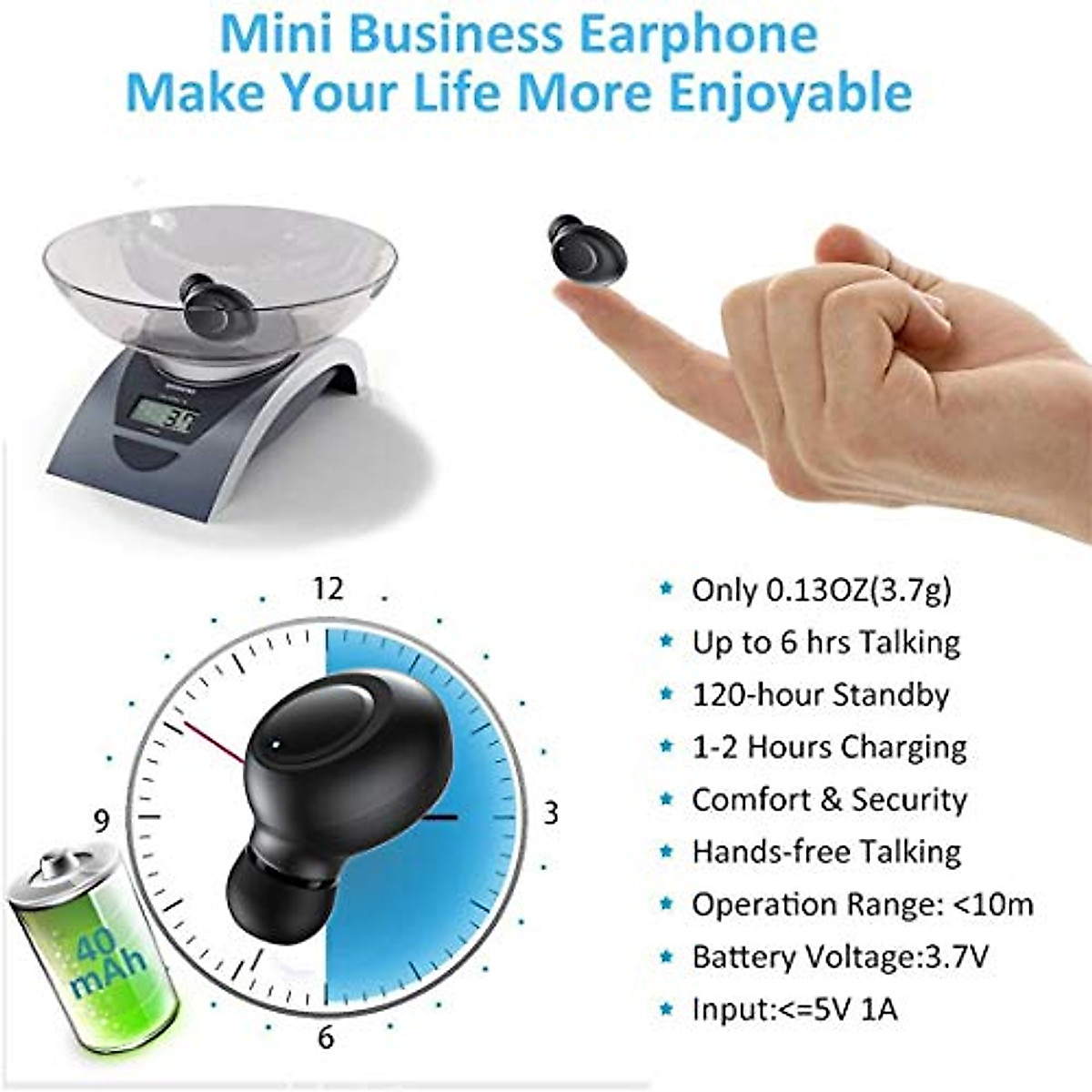 LEZII Single Bluetooth Earbud, Mini Invisible Wireless Headset, in Ear Headphones, Sport Earpiece with Mic, Magnetic USB Charging for Car Vehicle Business, Waterproof Earphones for Samsung iPhone