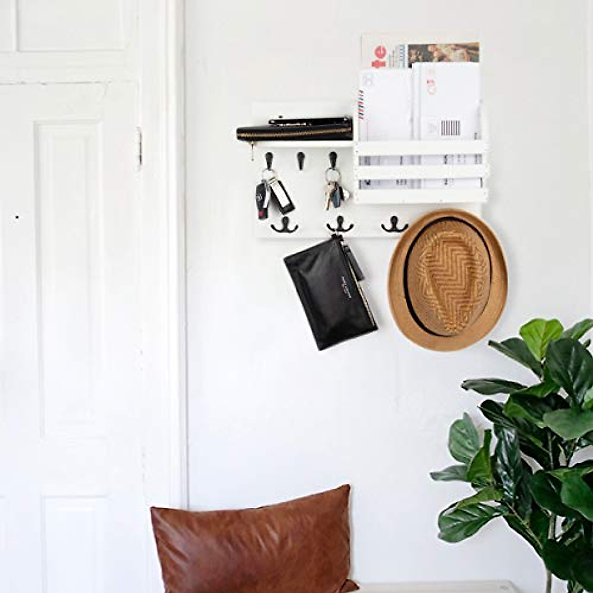 Wallniture Horta Mail & Key Holder for Wall, Farmhouse Decor Coat Rack Entryway Organizer with Hooks for Hanging Face Masks Wood Rustic White