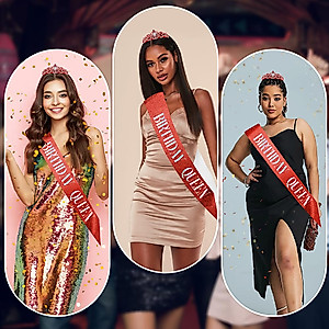 Red Birthday Queen Sash, Tiara and Headband Set - Decorations for Women and Girls