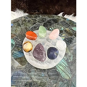 CrystalsAhoy 3" Selenite Charging Plate with TWO Chakra Sets included, polished round and double pointed chakra crystals