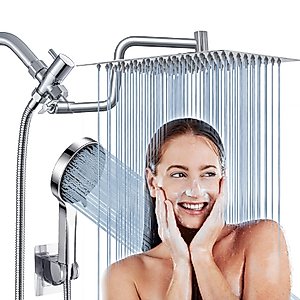 Shower Head, 8'' High Pressure Rainfall Shower Head, Z-Type Shower head Combo/Handheld Shower Wand, 12'' Angle Adjustable Extension Arm/Flow Regulator/Shower System,Chrome