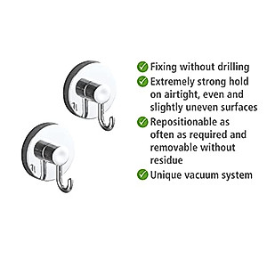 WENKO Wall Hooks with Loc-Vacuum Technology, for Hanging, Storage, for Shower, for Kitchen, No Drilling, No Holes, No Screws, Without Nails, 9.29" x 1.57" x 3.74", Chrome