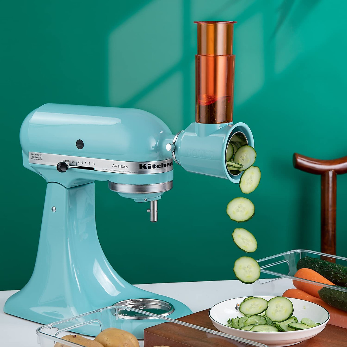 Stainless Steel Slicer Shredder Attachment for KitchenAid Stand Mixer, Cheese Grater KitchenAid, Slicer Accessories with 3 Blades (Cyan)