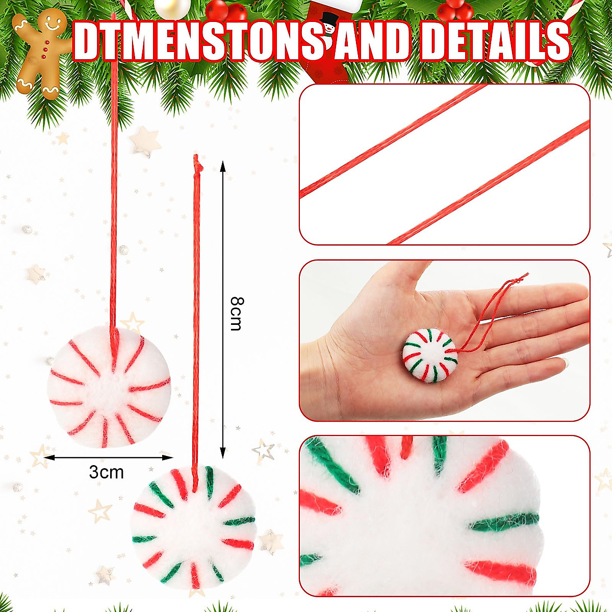 Yuxung 24 Pieces Christmas Peppermint Felt Ornaments Christmas Tree Hanging Peppermint Candy Mini Decorations for Home Party Favors Crafts Holiday Winter