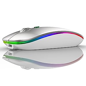 Uiosmuph LED Wireless Mouse, G12 Slim Rechargeable Silent Mouse, 2.4G Portable Optical Computer Mice with USB Receiver and Type C Adapter (Silver)