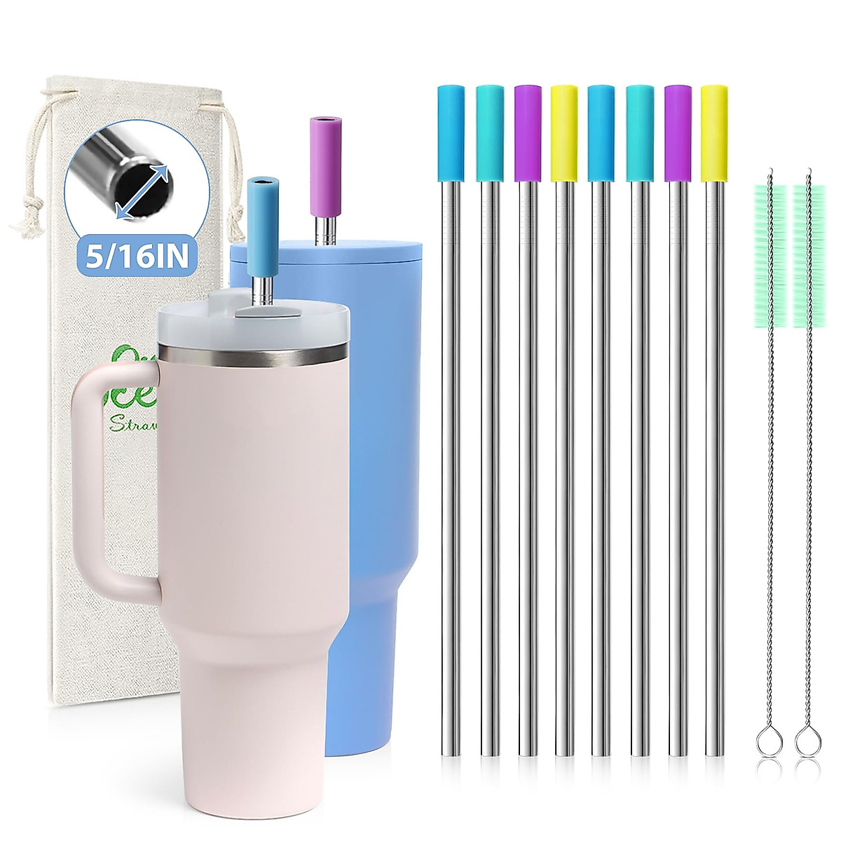 8 Piece 5/16 inch (8mm) Wide Straight Stainless Steel Straws for Travel 40oz Tumblers, 12 Inch Long Reusable Metal Straws, Replacement Straws with Silicone Tips & Cleaning Brush, Silver