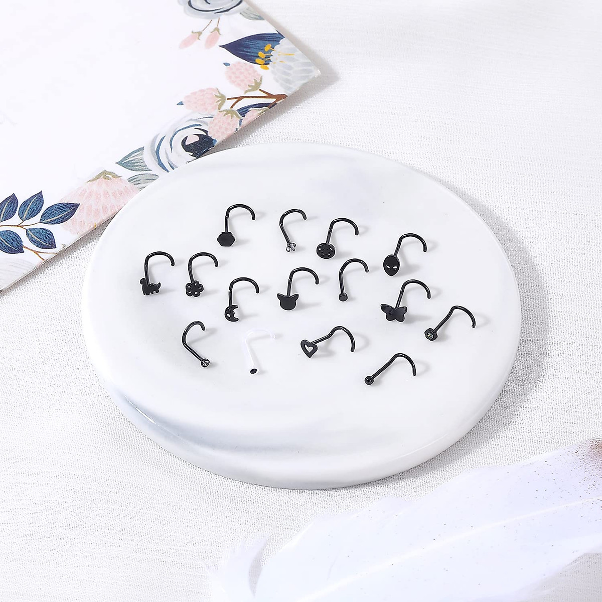 ZS 15Pcs Nose Rings for Women - 20G Stainless Steel L Shape Screw Nose Piercings Jewelry Black Nose Studs Rings (Black,Corkscrew)