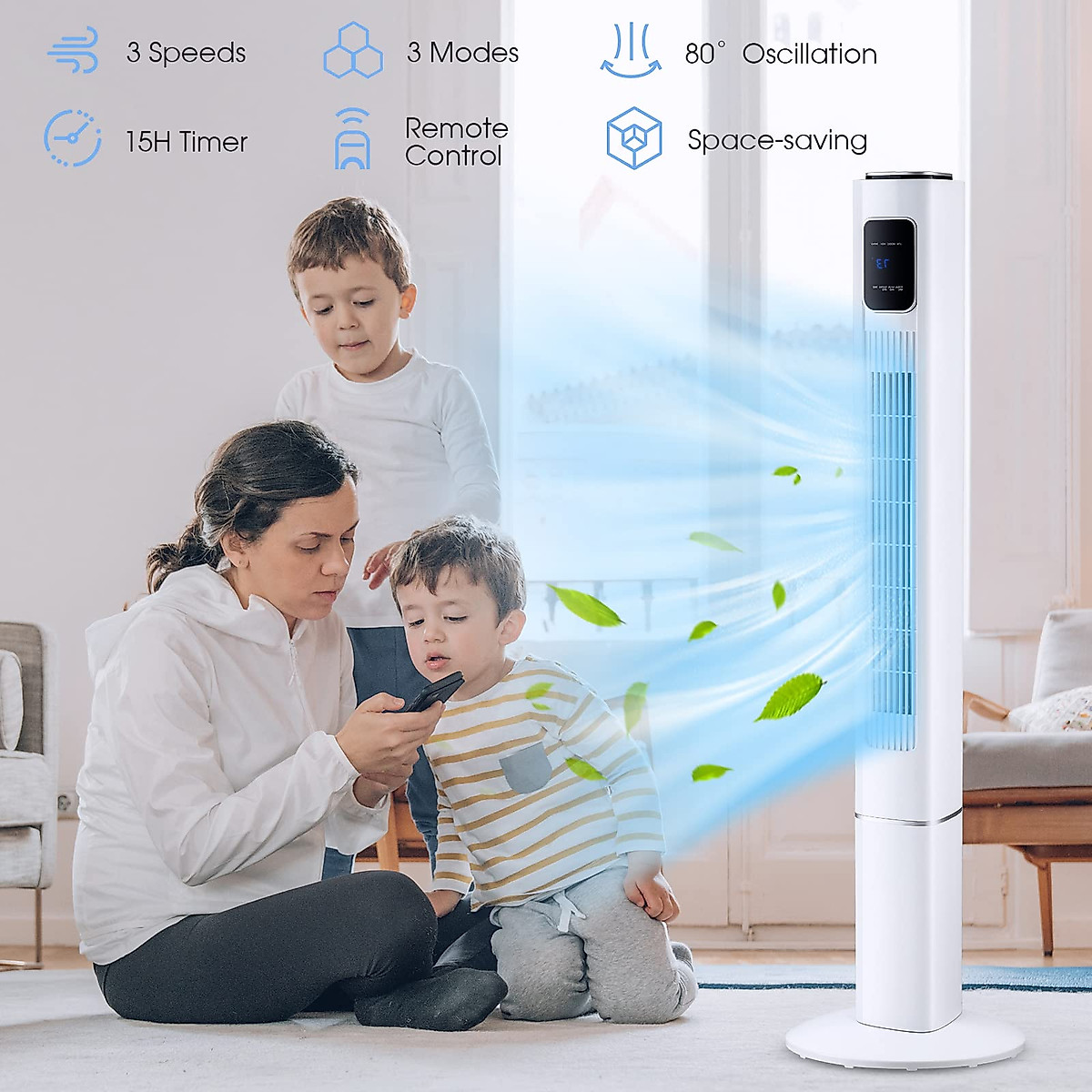 LDAILY 48 Inch Oscillating Tower Fan, Quiet Powerful Bladeless Fan with 3 Speeds, 3 Modes, Remote Control, 15H Timer, LED Display, Floor Standing Household Fan for Bedroom Living Room Office