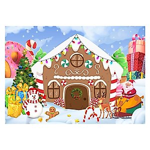 Funnytree 7x5ft Christmas Gingerbread House Backdrop for Party Winter Merry Xmas Candy Gifts Photography Background Santa Baby Shower Birthday Portrait Cake Table Decoration Banner Photo Booth