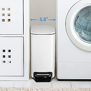 TrashAid Small Bathroom Trash Can with Lid Soft Close, 6 Liter / 1.6 Gallon Stainless Steel Garbage Can Narrow with Removable Inner Bucket, Step Pedal (White)