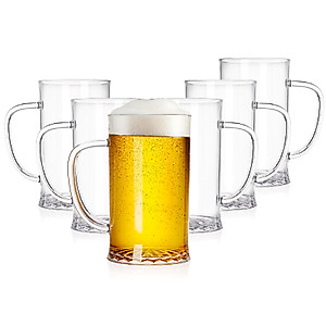 ZEAYEA Set of 6 Plastic Beer Mug, 16 oz Acrylic Beer Drinking Cups with Handle, Clear Reusable Beer Stein Glasses for Party Bar Home Hotel Whiskey Juice Cocktail Beverages