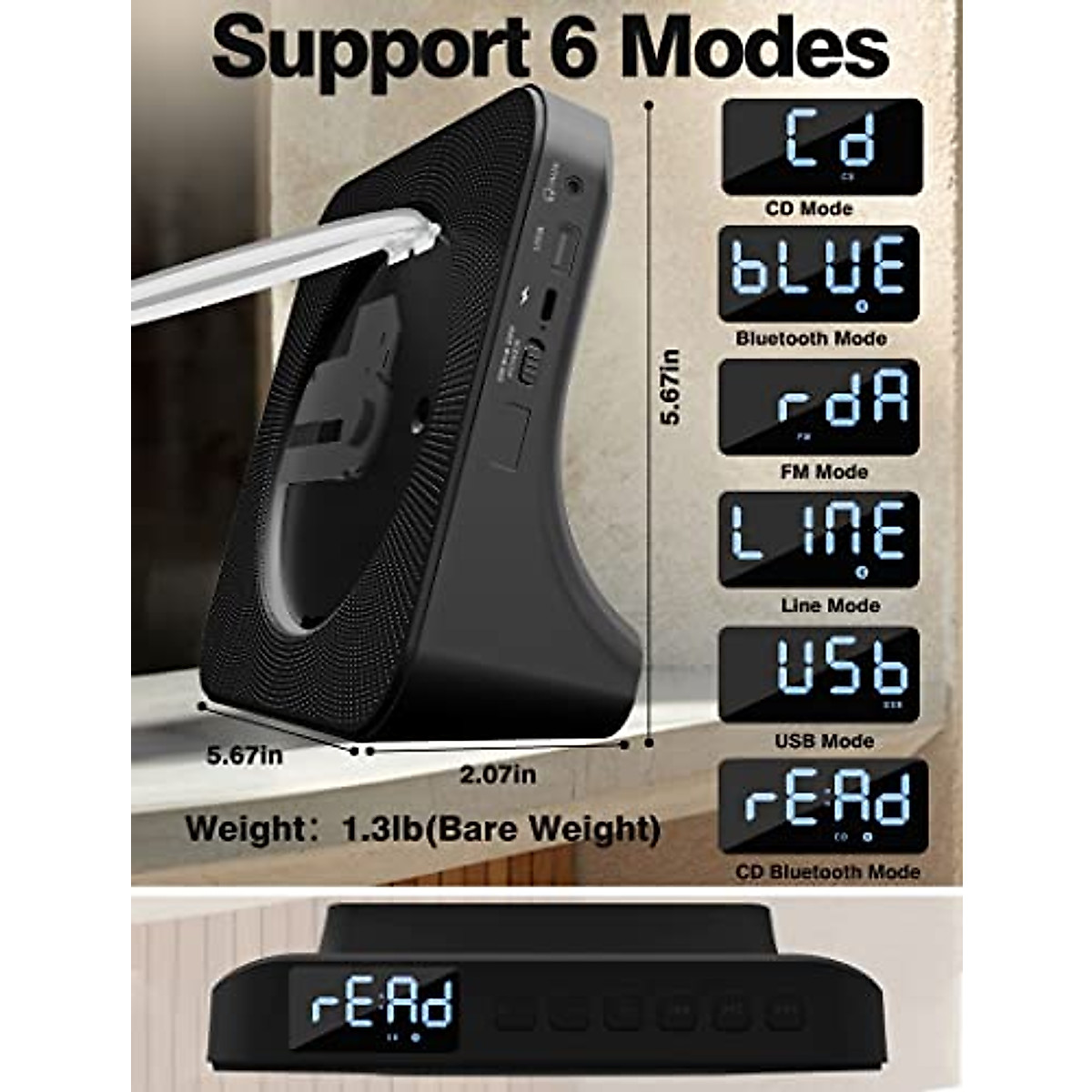 Portable CD Player with Bluetooth: 4000mAh Rechargeable Kpop Music Player with HiFi Speaker,Remote Control,LCD Display,Sleep Timer,Headphone Jack, Supports CD/Bluetooth/FM Radio/U-Disk/AUX(Black)