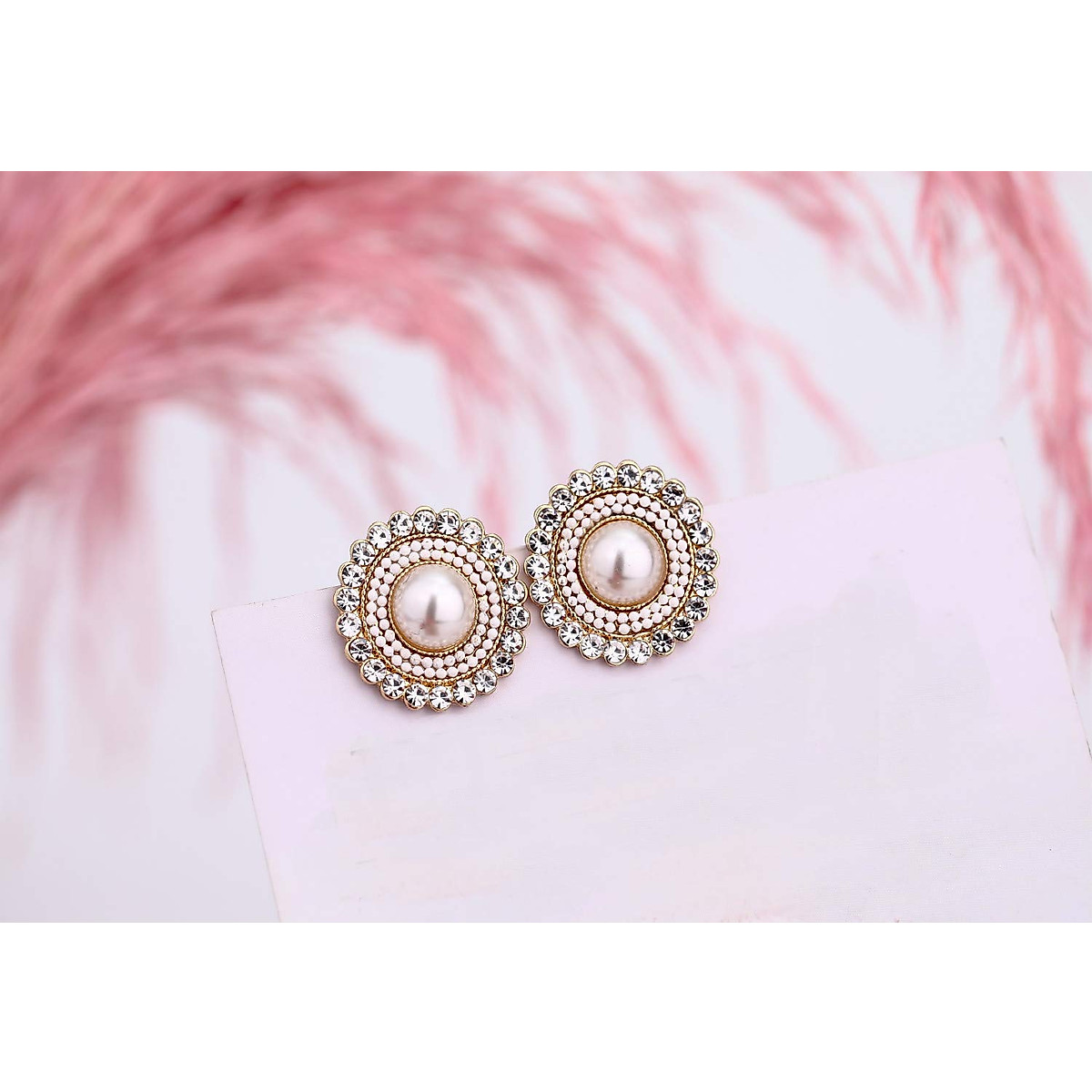 Cream Dome Big Pearl Stud Earrings, Crystals Rhinestones Art Vintage Earrings with Wedding Style