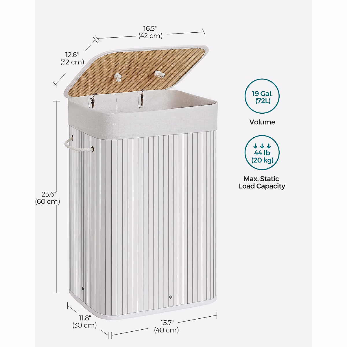 SONGMICS Foldable Laundry Hamper with Lid, 19 Gal. Bamboo Laundry Basket, Rectangular Storage Hamper with 3 Handles, 15.7 x 11.8 x 23.6 Inches, for Laundry Room, Bedroom, White ULCB010W01