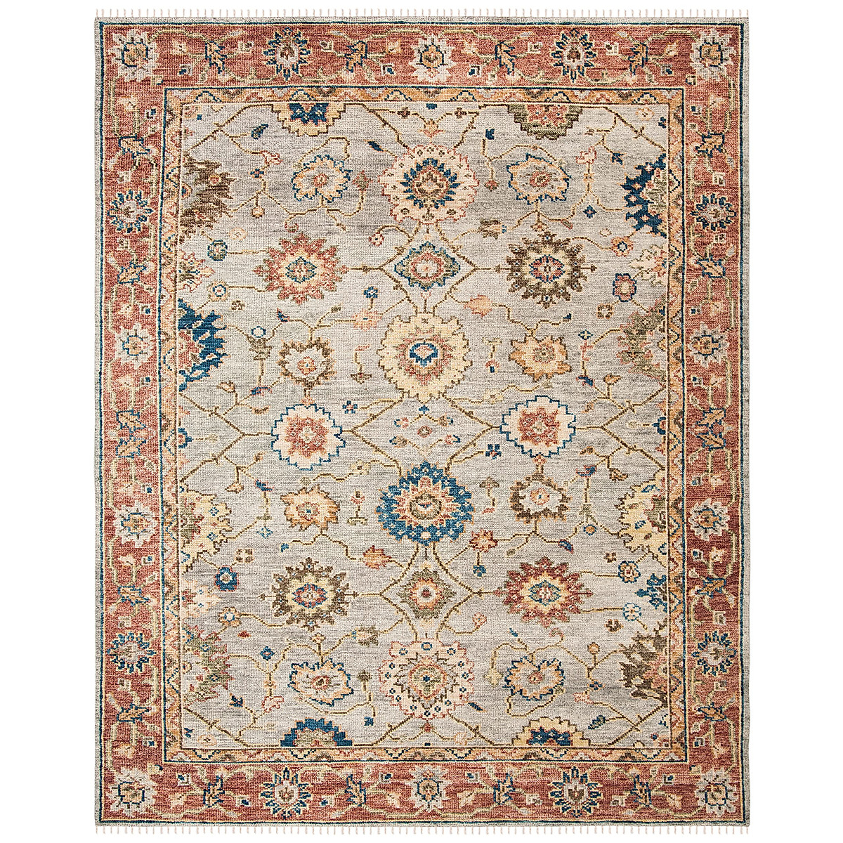 SAFAVIEH Samarkand Collection Area Rug - 10' x 14', Grey & Red, Hand-Knotted Wool, Ideal for High Traffic Areas in Living Room, Bedroom (SRK111F)
