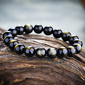 YANYUNZHUBAO Natural Black Obsidian Bracelet Healing Crystals Jewelry Volcanic Rock Stone Ward Off Evil Spirits (Gold, 10MM)