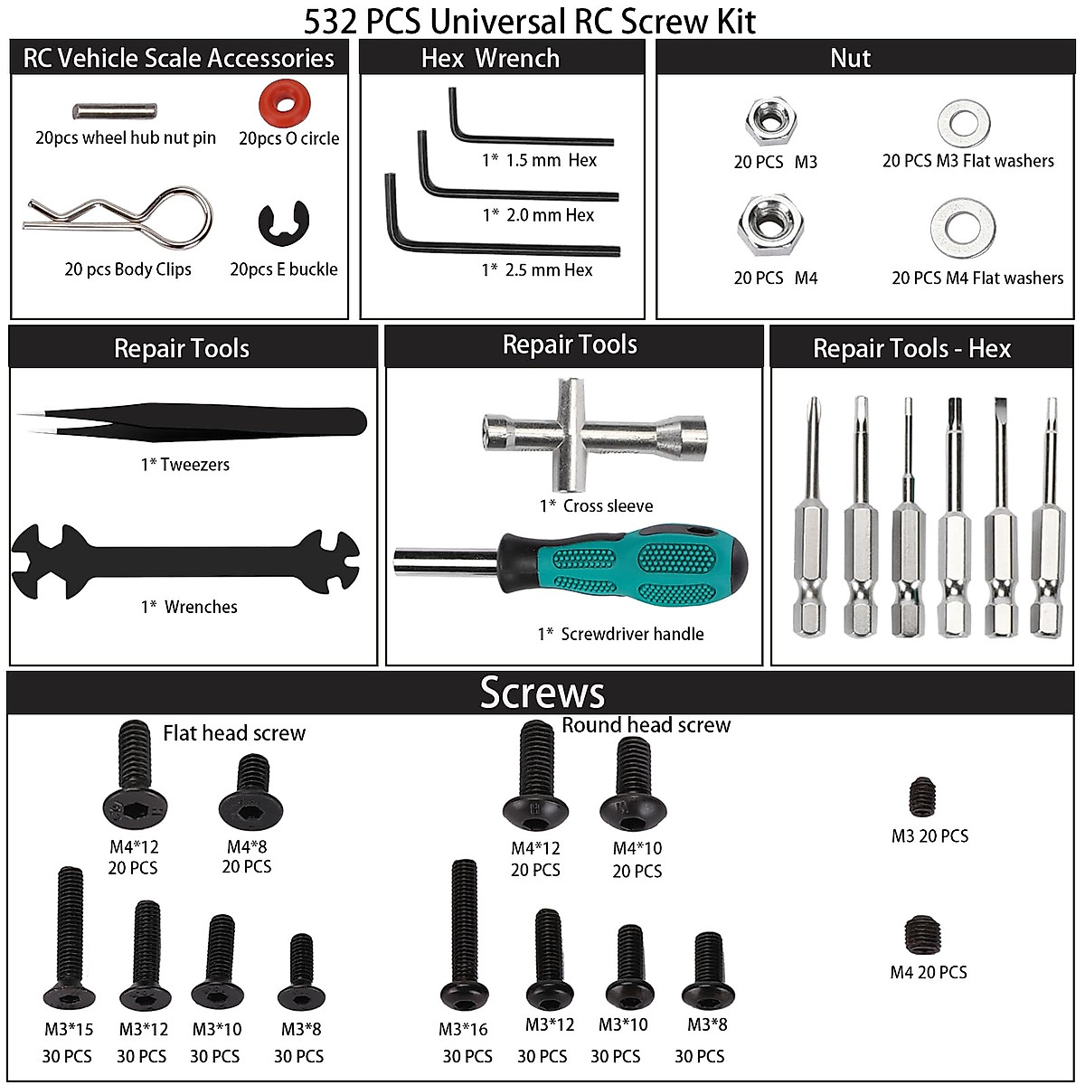 RC Car Repair Work Stand 532 PCS RC Repair Tool Screws Set Kit 360 Degree Rotation RC Repair Station Screwdrivers Screws Pallet Kit for 1/8 1/10 1/12 1/16 1/18 RC Crawler Truck Buggy Tool Set