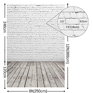 8'x12' White Brick Wall with Gray Wooden Floor Photography Backdrop Vinyl Background for Pictures D-2504