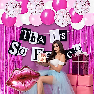 HOMEZZO Mean Girls Party Decorations - That's So Fetch Felt Banner, Hot Pink Tinsel Curtain, Lip Balloon for Y2K Hot Pink Bridal Shower Wedding Girls Birthday Bachelorette Party Supplies