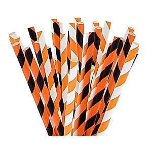 Party On Tap Paper Straws - Orange, White and Black Striped Party Straws - Pack of 100 - Biodegradable and Disposable Pumpkin Party Decorations