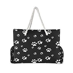 ALAZA Paw Print Footprint Black Tote Bag Beach Large Bag Rope Handles for Shopping Groceries Travel Outdoors