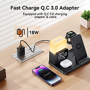 CESDAP C3 Pro Foldable 6 in 1 Charging Station for Multiple Devices with Alarm Clock Light 18W Charger for iPhone 15/14/13/12/11 for Apple Watch Charger for AirPods 3/2/Pro Gift for Women Men Dad Mom