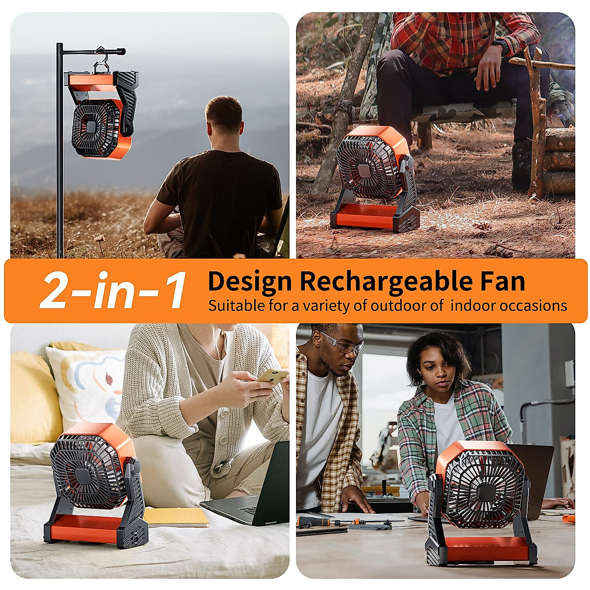 Camping LED Fan with Light, 20000mAh Rechargeable Battery Powered Outdoor Tent Fan with Light and Hook, 4 Speed, Personal USB Desk Fan for Camping, Fishing, Power Outage,Hurricane, Worksite