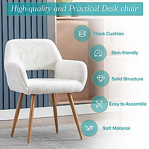 Homedraft Home Office Faux Fur Dining Chair, Fluffy Makeup Vanity Chair, Comfy Accent Armchair with Wood Grain Metal Legs, Cute Desk Chair with Hollowed Back, White