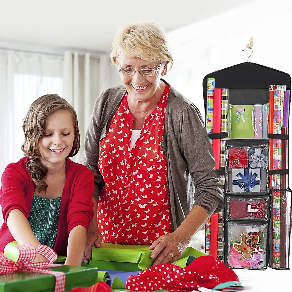 ProPik Hanging Double Sided Wrapping Paper Storage Organizer With Multiple Pockets Organize Your Gift Wrap, Gift Bags Bows Ribbons 40"X17" Fits 40 Inch Rolls Clear PVC Bag (Black)