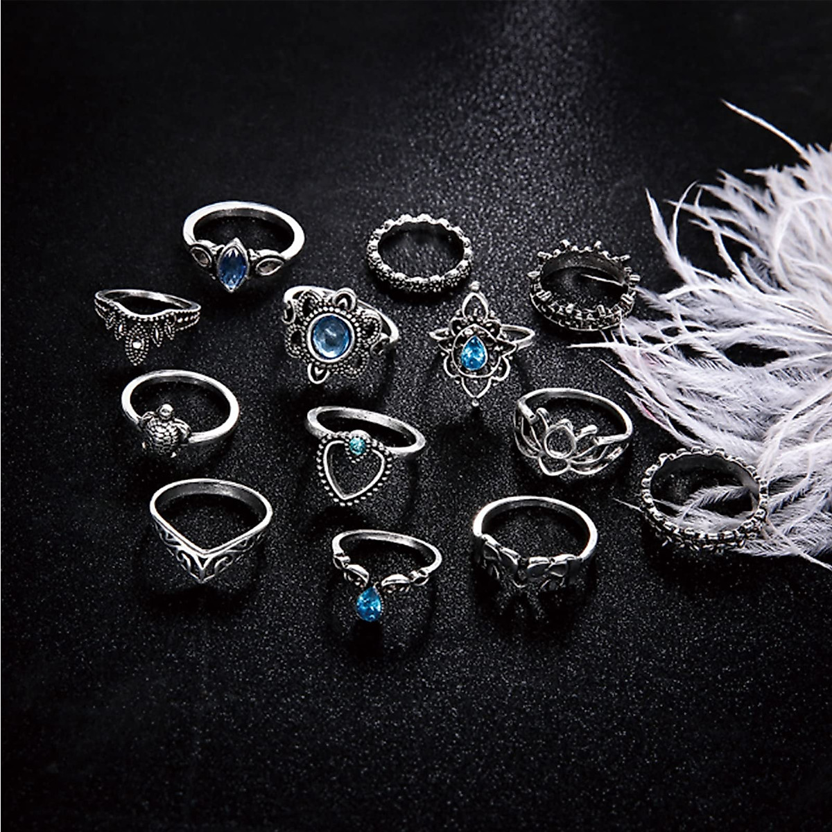 ABJFJE 13Pcs Vintage Silver Stackable Finger Rings Set Boho Midi Cool Gothic Punk Hollow Carved Flowers Turtle Heart Crystal Knuckle Rings Set for Women (13Pcs Silver ring)