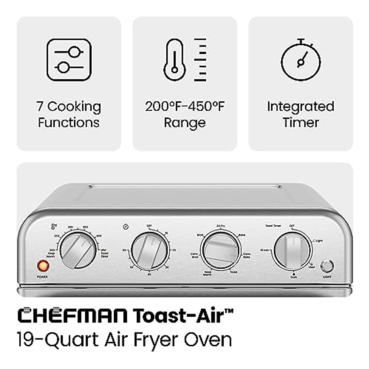 Chefman Air Fryer Toaster Oven Combo, 7-in-1, Convection Oven Countertop Extra Large 19 Quart Oven Air Fryer, Cook a 10-Inch Pizza, 4 Slice Toaster, Integrated Timer, Auto-Shutoff, Stainless Steel