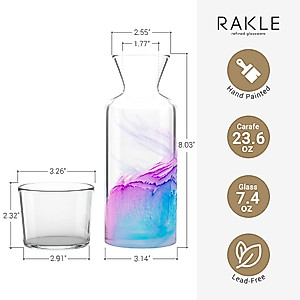 Rakle Bedside Water Carafe – 23.6oz Water Carafe and Glass – Glass Water Pitcher for Nightstand, Bedroom, Bathroom – Glass Water Carafe/Mouthwash Container for Water, Lemonade, Juice