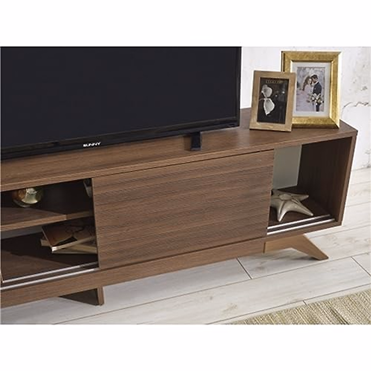 Natural Wood TV Stand Entertainment Center Mid Century Modern Console Table for Living Room Bedroom with 2 Sliding Door Cabinet 2 Shelves 67 inch Tv Unit, Walnut,Brown