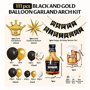107pcs Black Gold Birthday Party Decorations with Happy Birthday Banner Foil Balloons for 16th 18th 21st 22th 32th 40th 50th 60th Birthday Decorations for Men