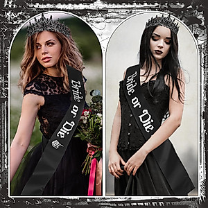 Panitay 3 Pcs Bride or Die Bachelorette Party Decorations Set Bride Crown Veil Sash Brides for Black Wedding Decorations Gothic Wedding Day Accessories Halloween