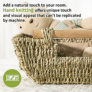 Kenvc Small Wicker Baskets, Seagrass Baskets Set of 3(11/''+13/''+15/''）,Wicker Baskets for Storage, Wicker Storage Basket, Seagrass Storage Baskets with Wooden Handles, Natural (Seagrass)