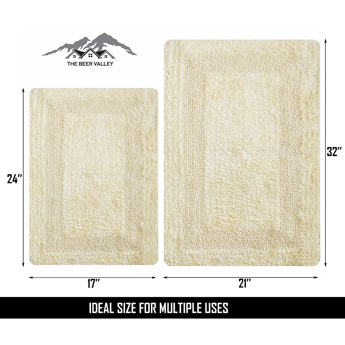 Cotton Bath Mat Rug 2 Piece Set - Light Yellow, Reversible Bathroom Rugs Soft & Absorbent Quick Dry Mats, Washable Plush Hotel Quality Tufted Mats for Shower, Bath Tub, Toilet - 21x34 & 17x24 Inches