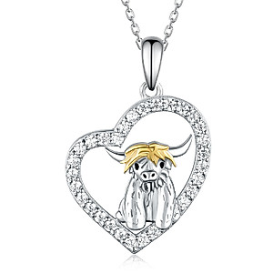CVRAVO Animal Necklace for Women Sterling Silver Highland Cow Necklace Cute Heart Cow Pendant Necklace Jewelry Birthday Gifts for Women Wife
