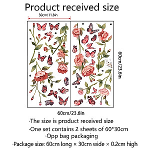 Cute Peony Flower Wall Decals Pink Rose Floral Wall Decals Butterfly Wall Stickers Removable Peel and Stick for Kids Room Bedroom Living Room Garden Backyard Wall Decoration