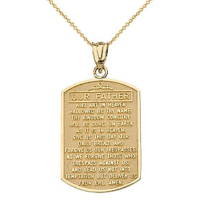 Sideways Crosses Religious Jewelry Solid 10k Yellow Gold Lord's Prayer Our Father Dog Tag Style Necklace, 16"