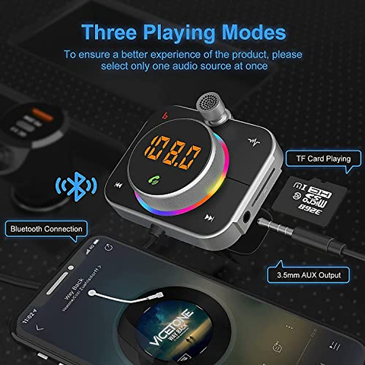 Bluetooth Car Adapter, SONRU QC3.0+PD Bluetooth FM Transmitter for Car Radio [Adjustable Microphone & Bass] [Air Vent Install] Hands-Free Call AUX Bluetooth Receiver for Car, SD Card Slot/Siri
