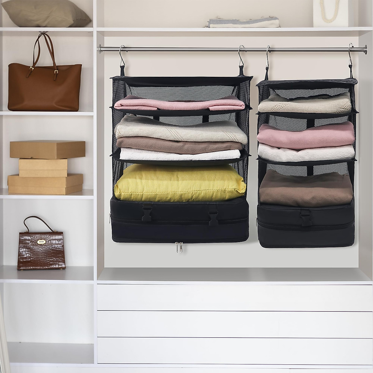 Caroeas Portable Hanging Travel Shelves Bag Suitcase Organizer Carry-on Closet Packing Cubes for Travel, 3-Shelf Suitcase Closet with 2 Hooks, Large Capacity, Black