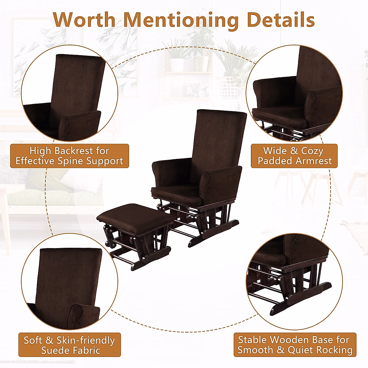 Costzon Glider and Ottoman Set, Wood Baby Rocker Nursery Furniture for Napping Reading Nursing, Cleanable Upholstered Comfort Rocking Nursery Chair with Detachable Cushion (Brown)