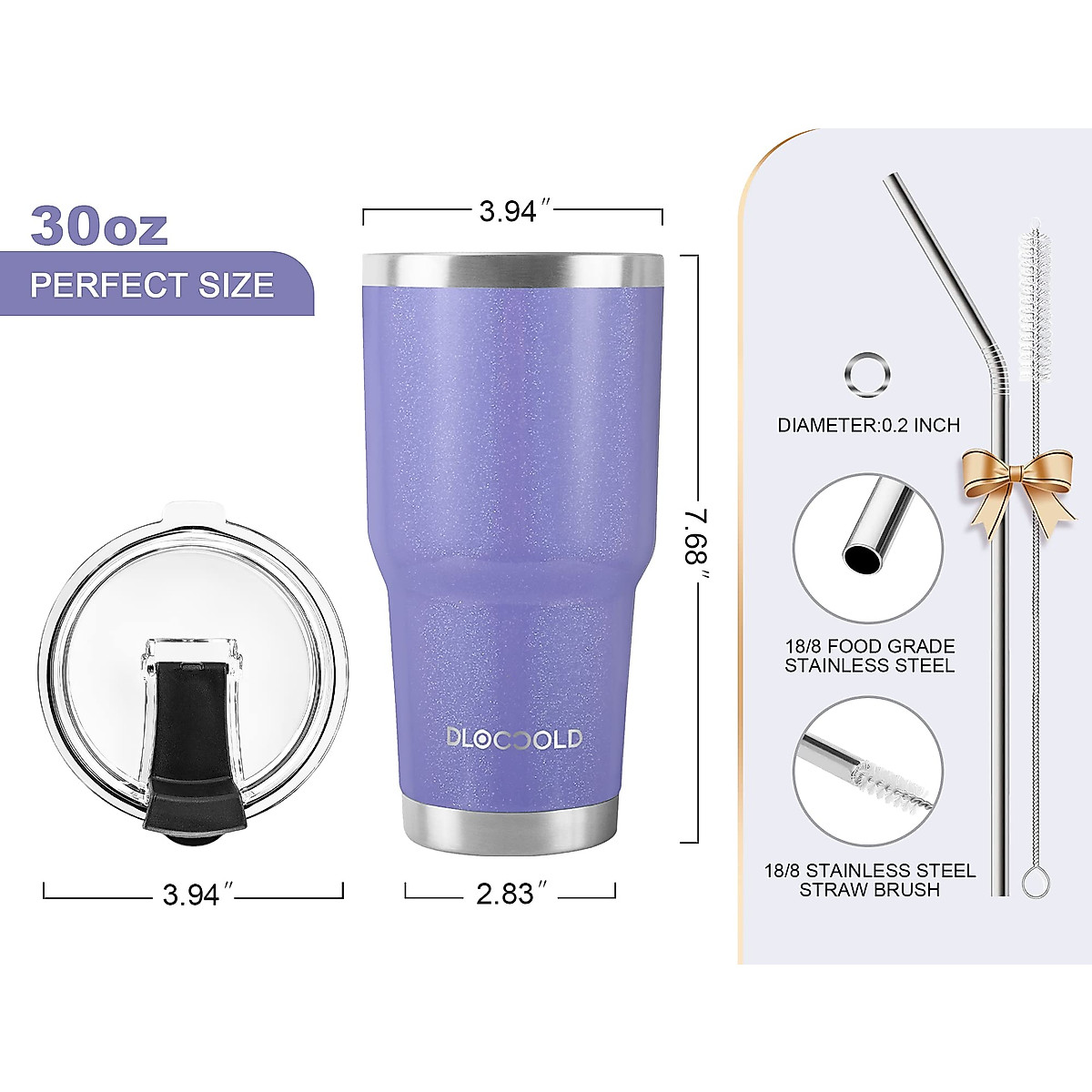 DLOCCOLD 30 oz Tumbler with Lid and Straw, 18/8 Stainless Steel Vacuum Insulated Coffee Tumbler,Insulated Travel Mug Water Cup with Leak-Proof Flip Lid,Metal Straw,Cleaning Brush & Gift Box