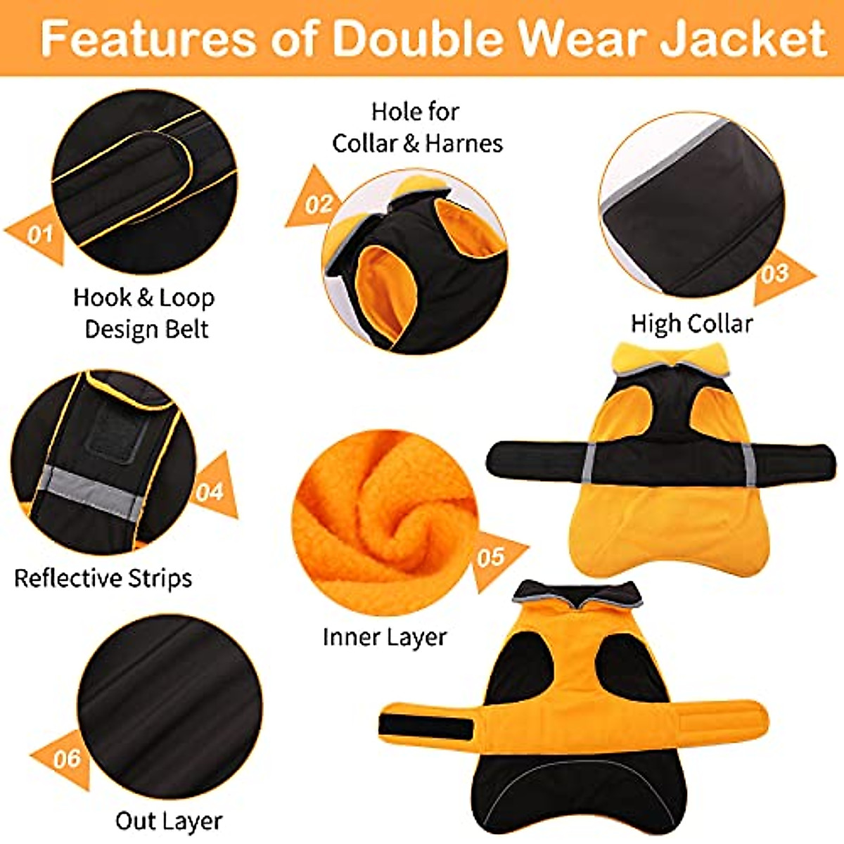 DENTERUN Winter Warm Dog Jacket Reflective Reversible Windproof Cozy Cold Weather Puppy Coat Water Repellent Vest Thick Fleece Apparel with Harness/Leash Hole for Outdoor Small Medium Large Dogs